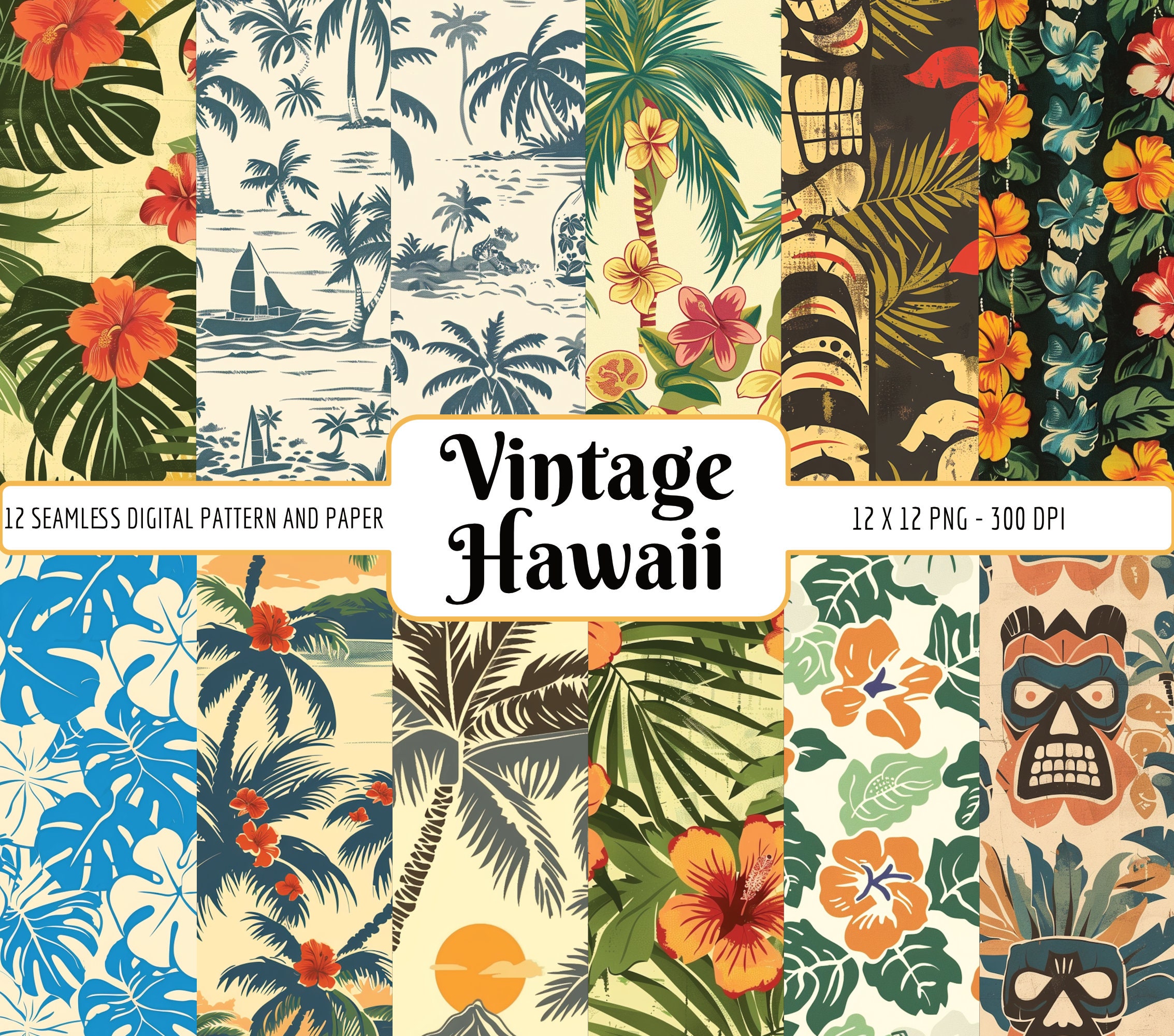 Vintage Hawaii Seamless Patterns Bundle Digital Paper Pack Retro ...
