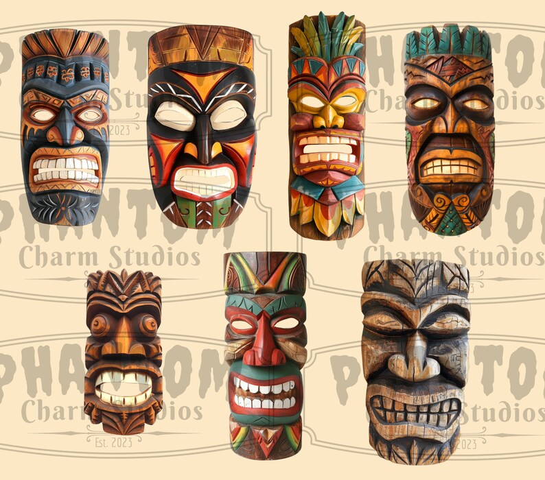Tiki Masks Clipart Bundle I Exotic, Carved Wood Style, Polynesian Luau ...