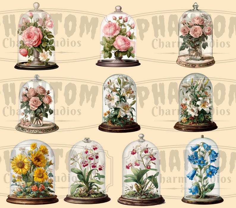 Antique Flower Bell Jars Clipart: Botanical Dome Floral Illustrations ...