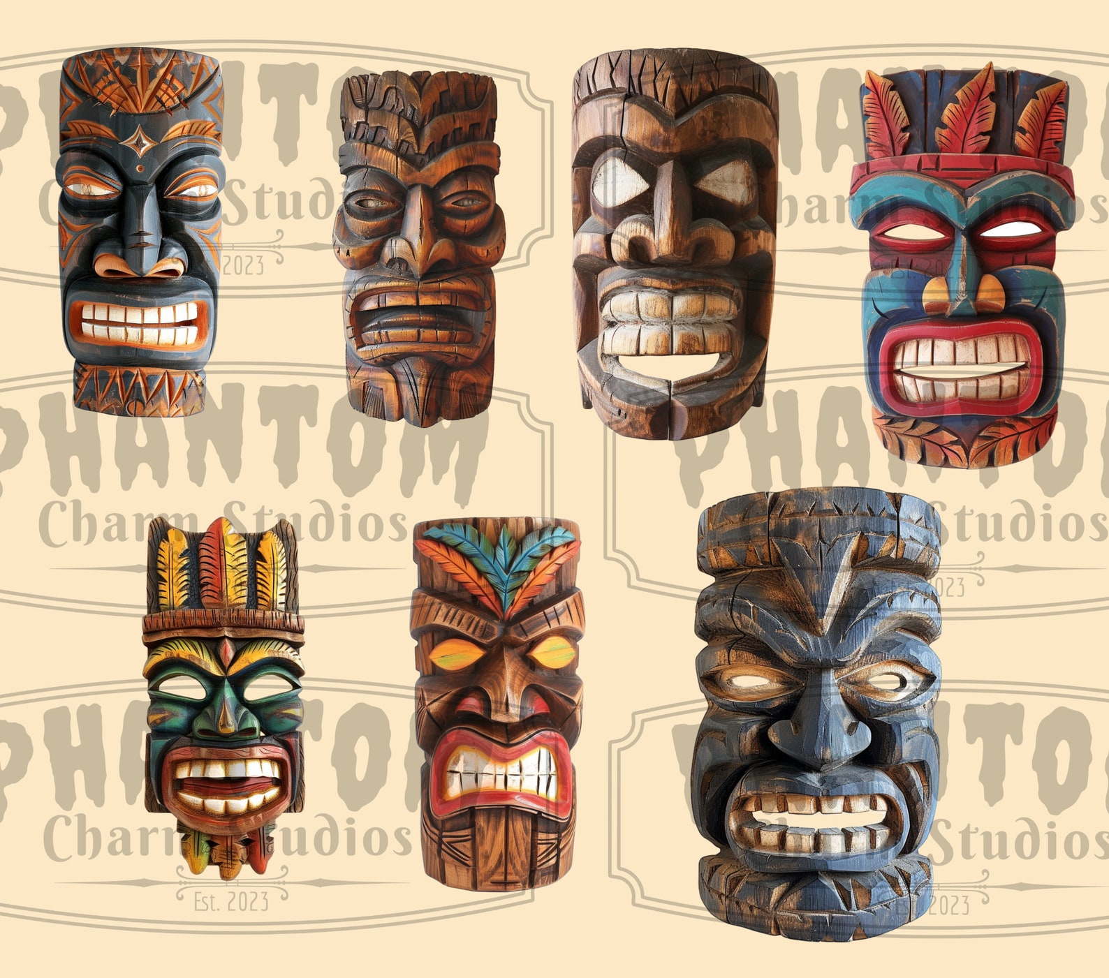 Tiki Masks Clipart Bundle I Exotic, Carved Wood Style, Polynesian Luau ...
