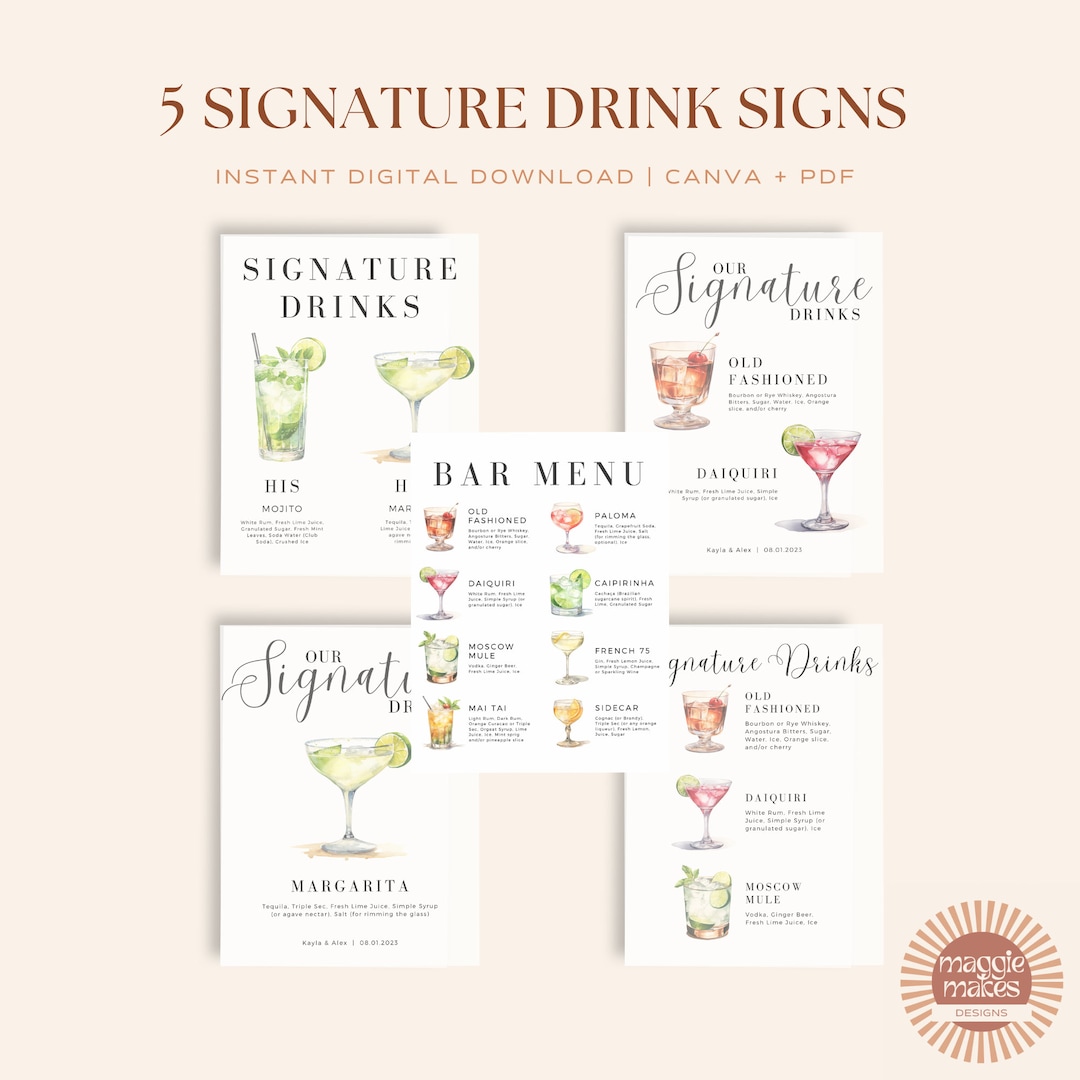 Signature Drink Signs | Wedding Bar Menu | Instant Digital Download ...
