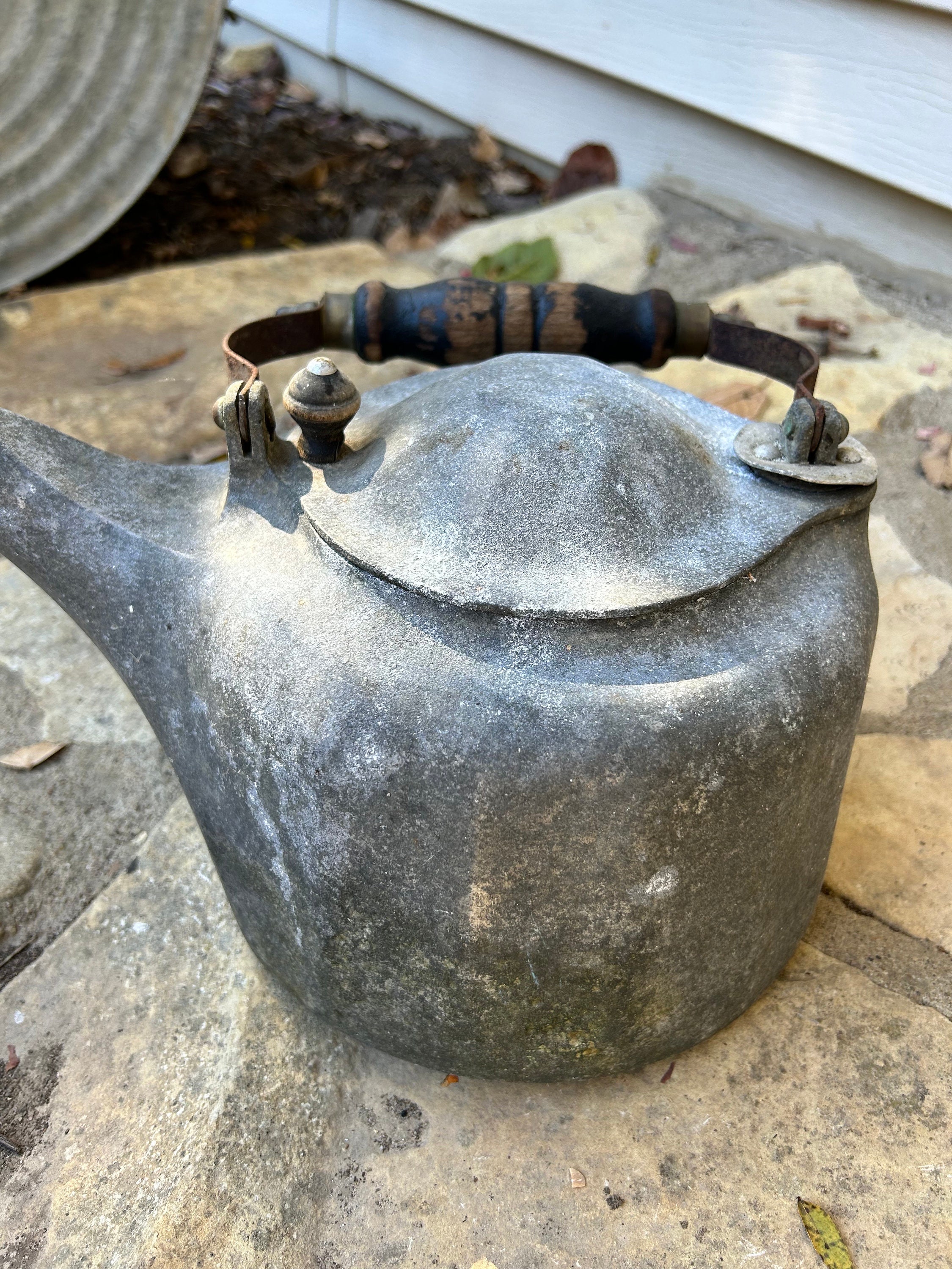 Antique Tea Kettle Colonial Cast Aluminum Pot Wood Handle Heavy Duty ...