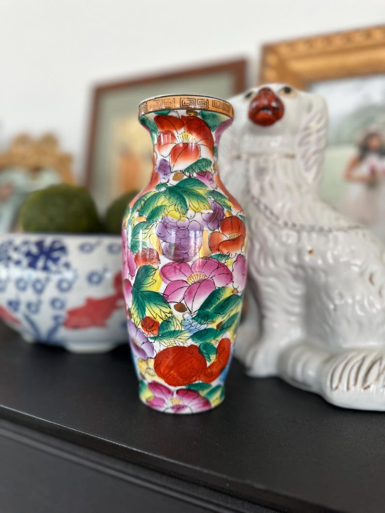 Vintage Chinoiserie Vase Floral Fruit Vase Greek Key Chinoiserie Chic ...