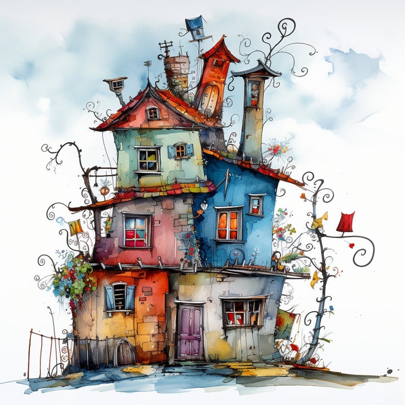 Whimsical Houses, Watercolor Buildings, Digi Files, Instant Download ...
