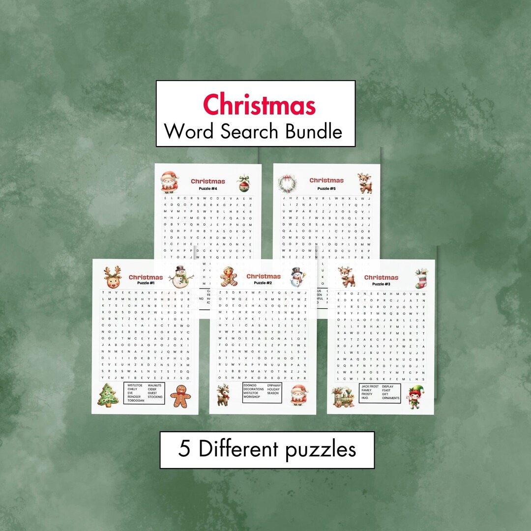 Printable Christmas Word Search Bundle 5 Different Word Search Puzzles ...