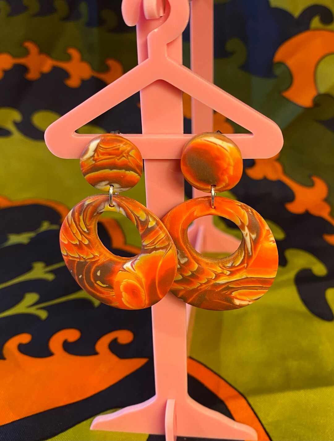 Retro 60s 70s Earrings | Psychedelic Orange Brown Hoops | Handmade Polymer Clay Earrings | 60s ...