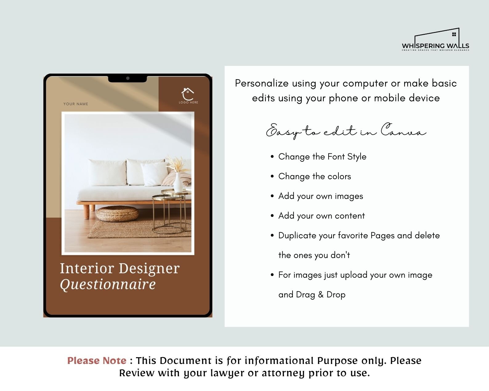 Interior Design Client Questionnaire Template - Fully Editable - Canva Template - Client ...