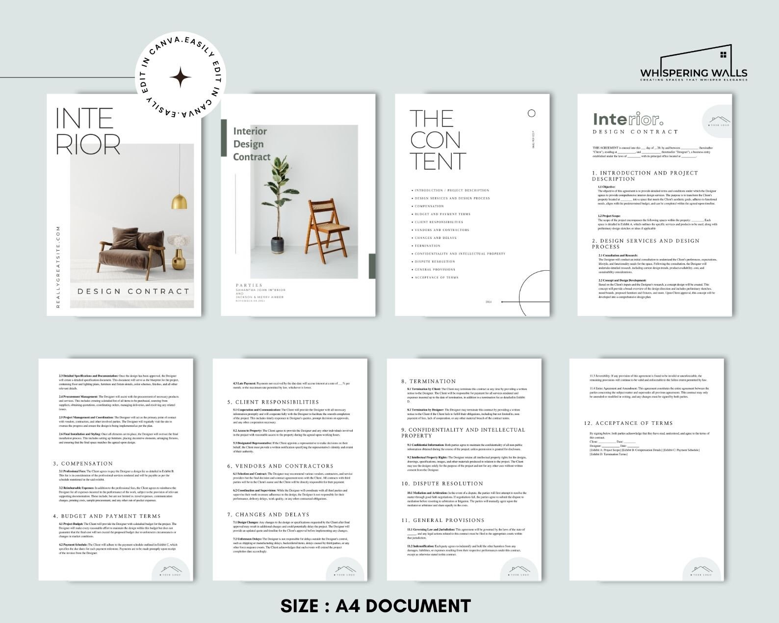 Interior Design Contract Template Fully Editable Canva - Etsy