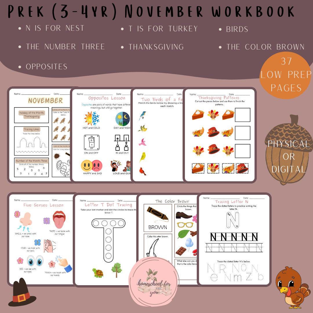 Preschool/prek 3-4yr November Workbook - Etsy
