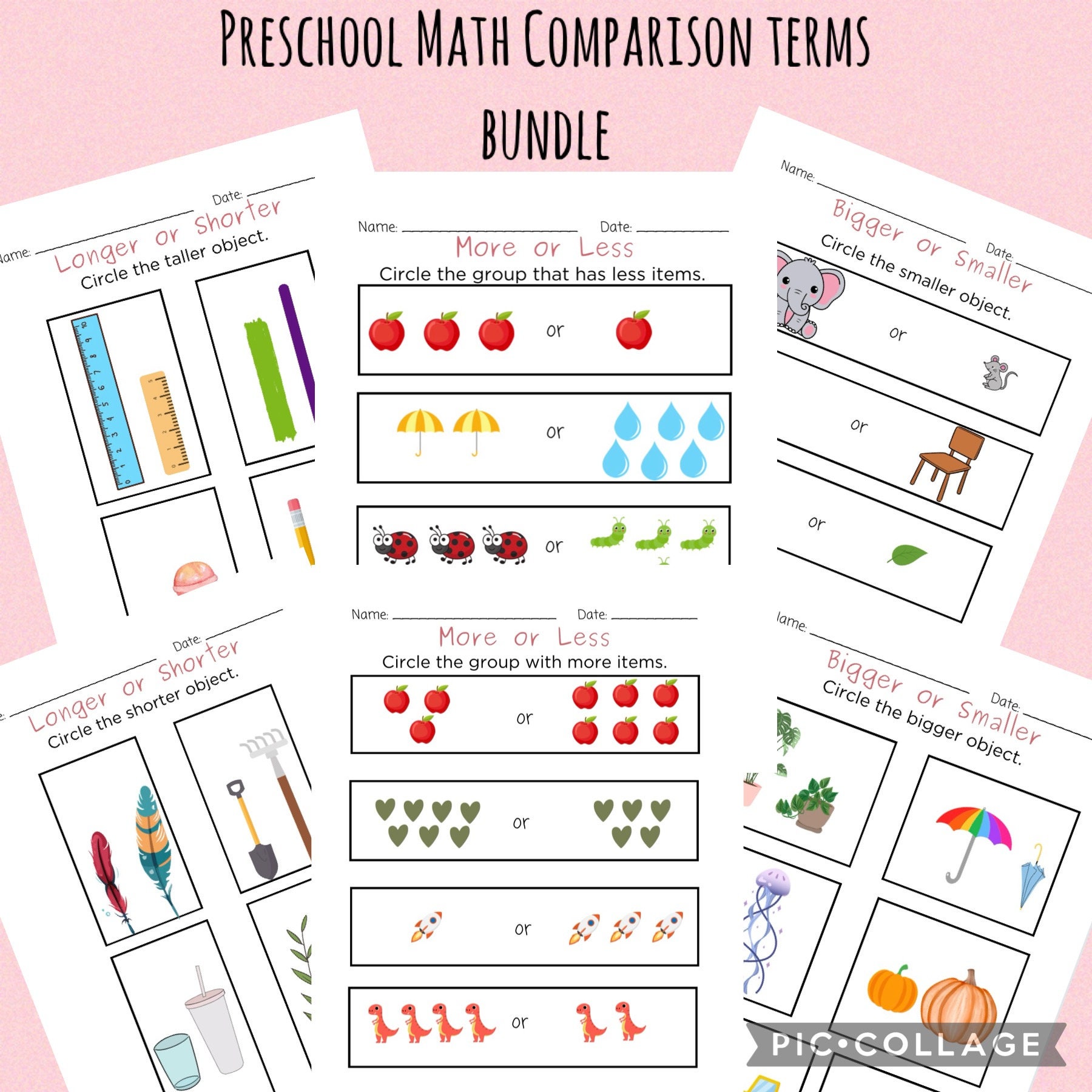 DIGITAL Preschool Math Comparison Terms Bundle - Etsy