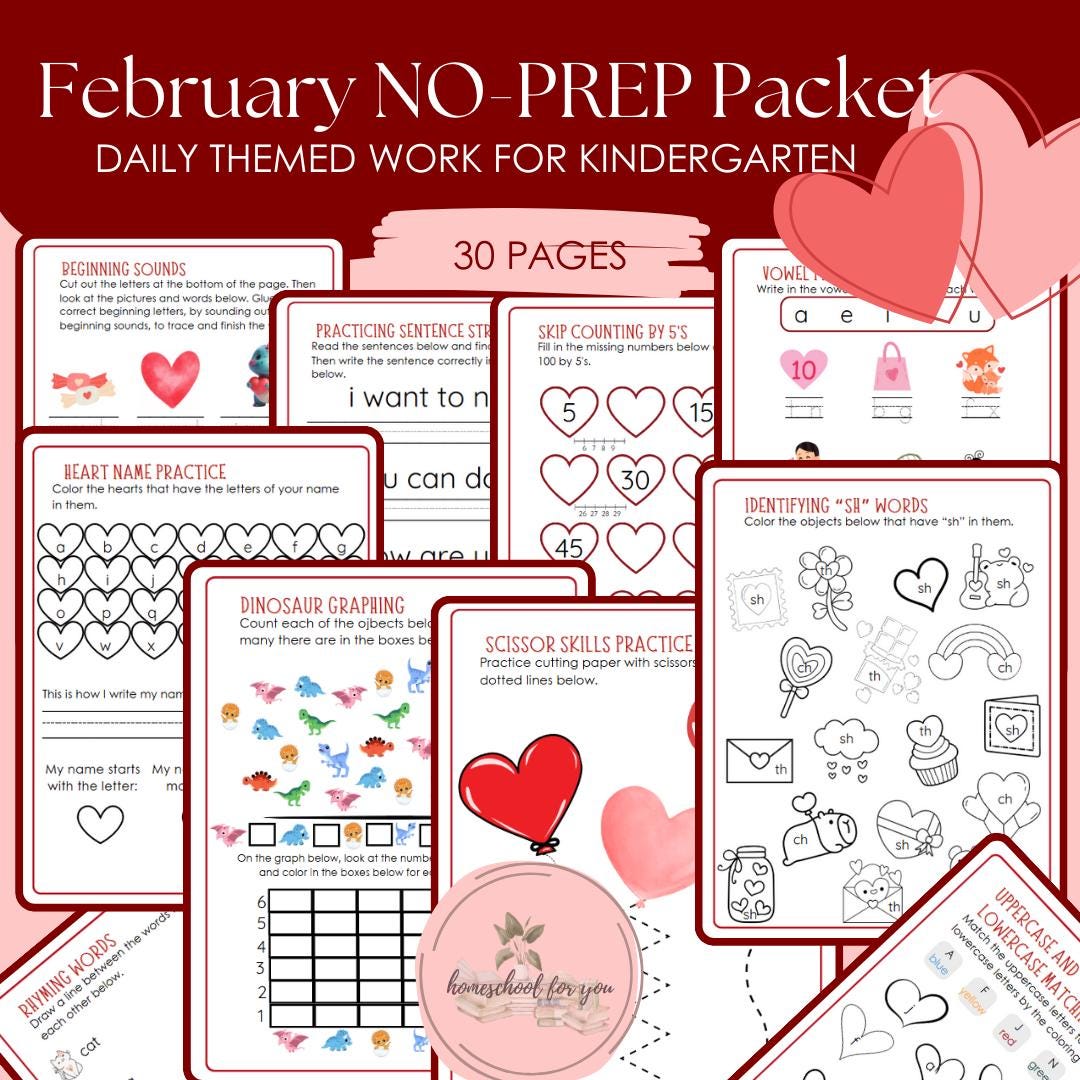February LOW PREP Printables Packet for Kindergarten Daily Themed Work ...