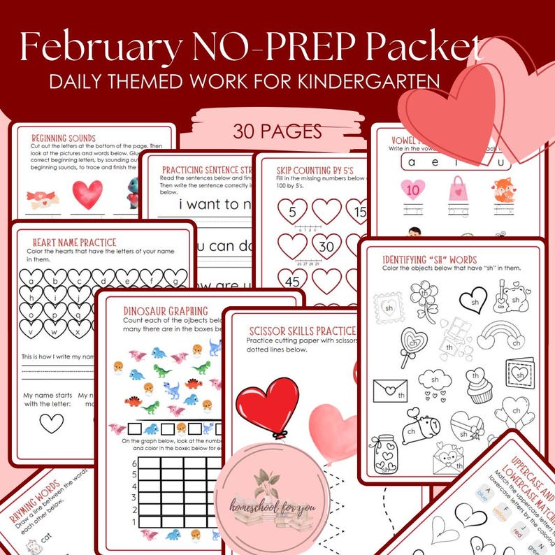 February LOW PREP Printables Packet for Kindergarten Daily Themed Work ...