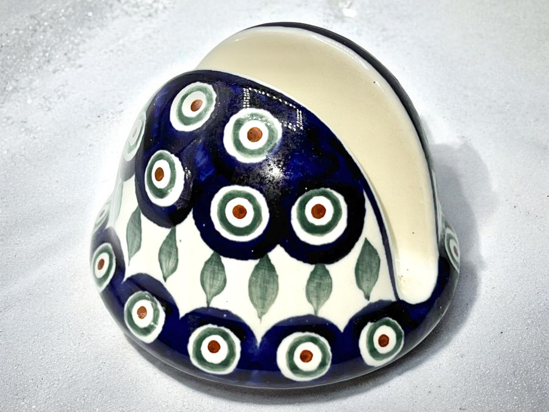 Vintage Polish Pottery Napkin Holder, Blue and White Kitchen ...