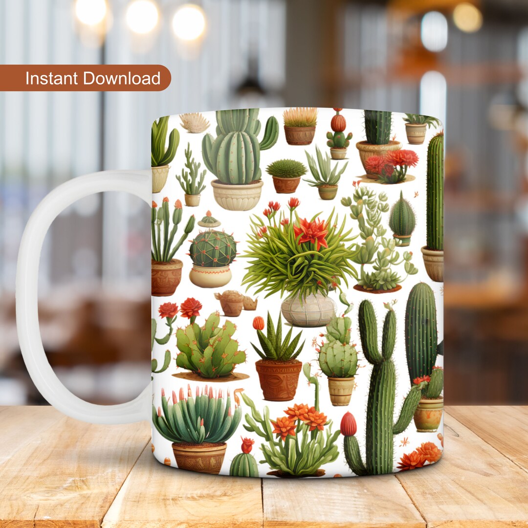 Cute Cactus Mug Wrap, 3D Succulents Cactus Mug Design Template, 11oz ...
