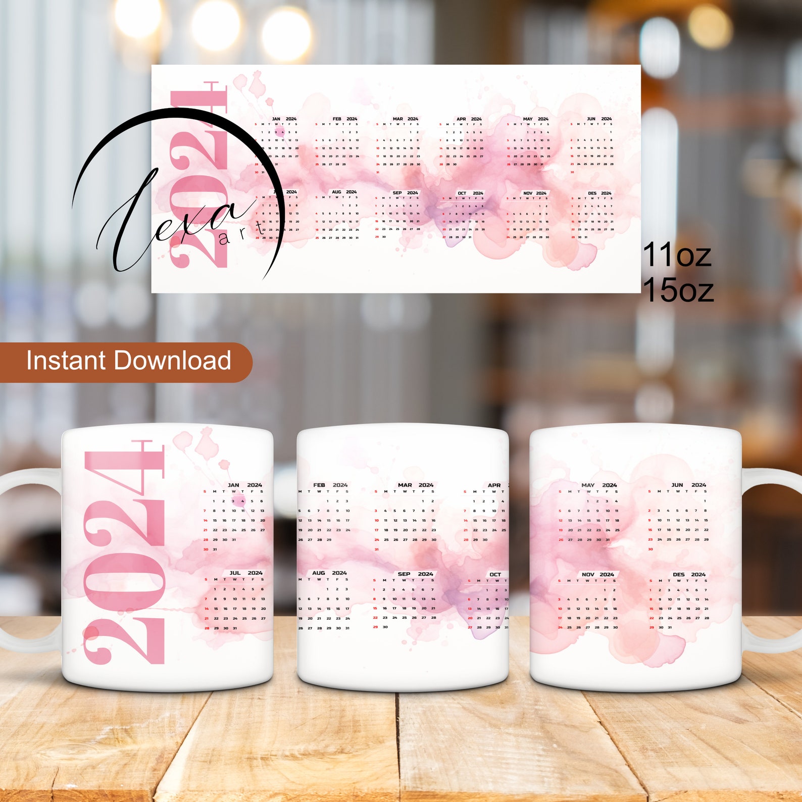 2024 Calendar Mug Wrap, Soft Pink 2024 Mug Design, 11oz 15oz Mug Wrap ...