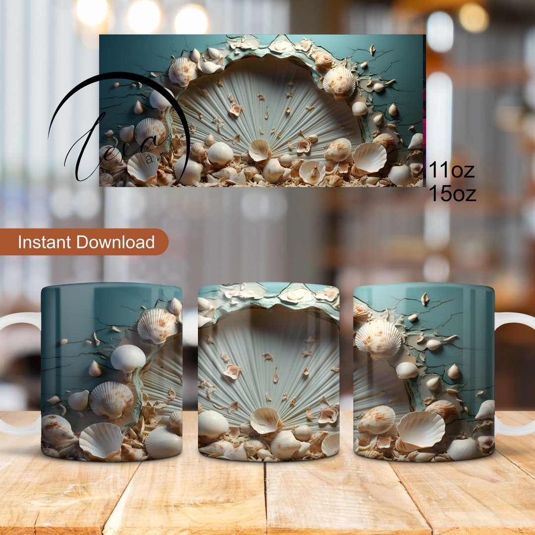 3D Beach Seashells Mug Wrap, 3D Seashell Wall Mug Design, 11oz 15oz Mug ...