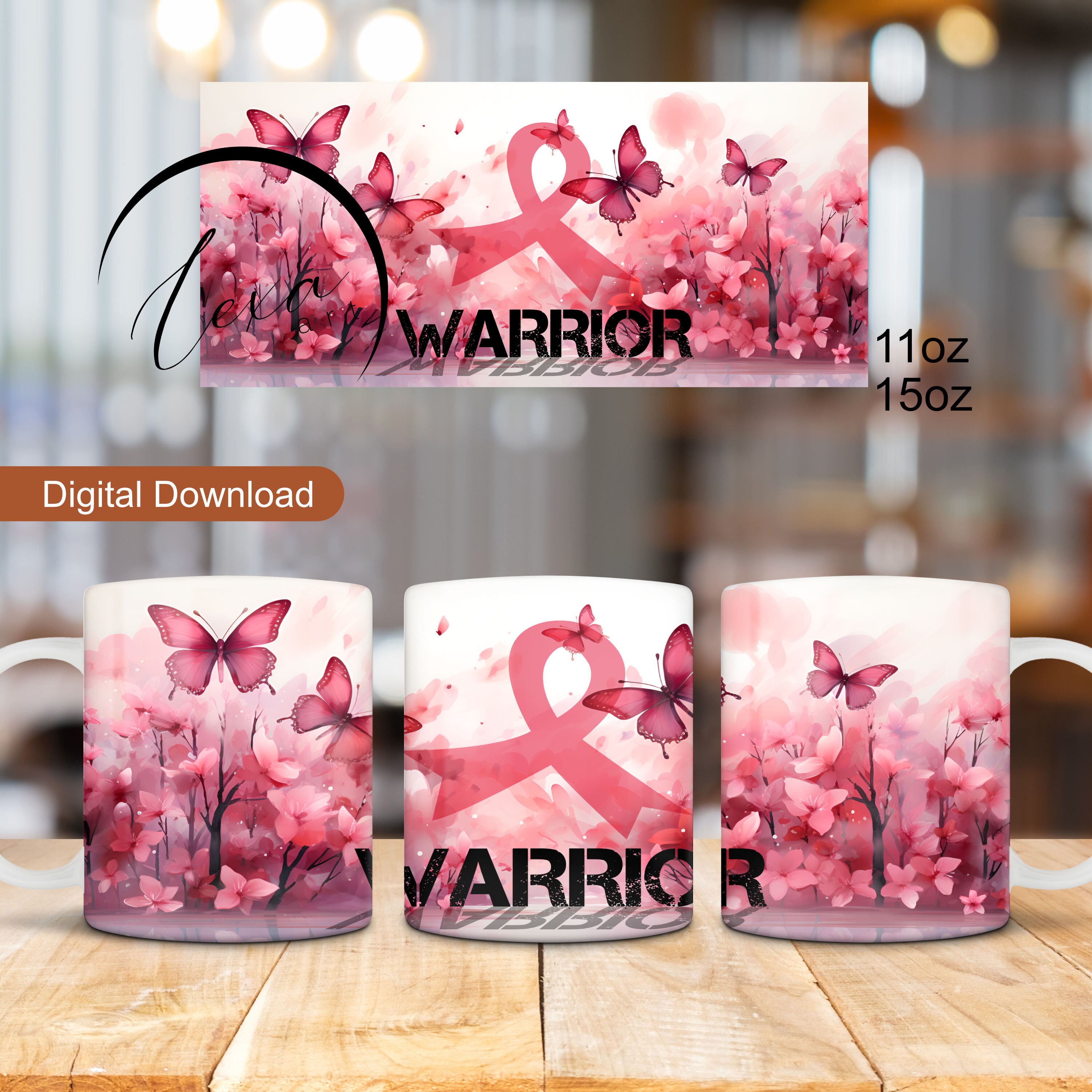 3D Breast Cancer Warrior Mug Wrap, Awareness Mug Design, 11oz 15oz Mug ...
