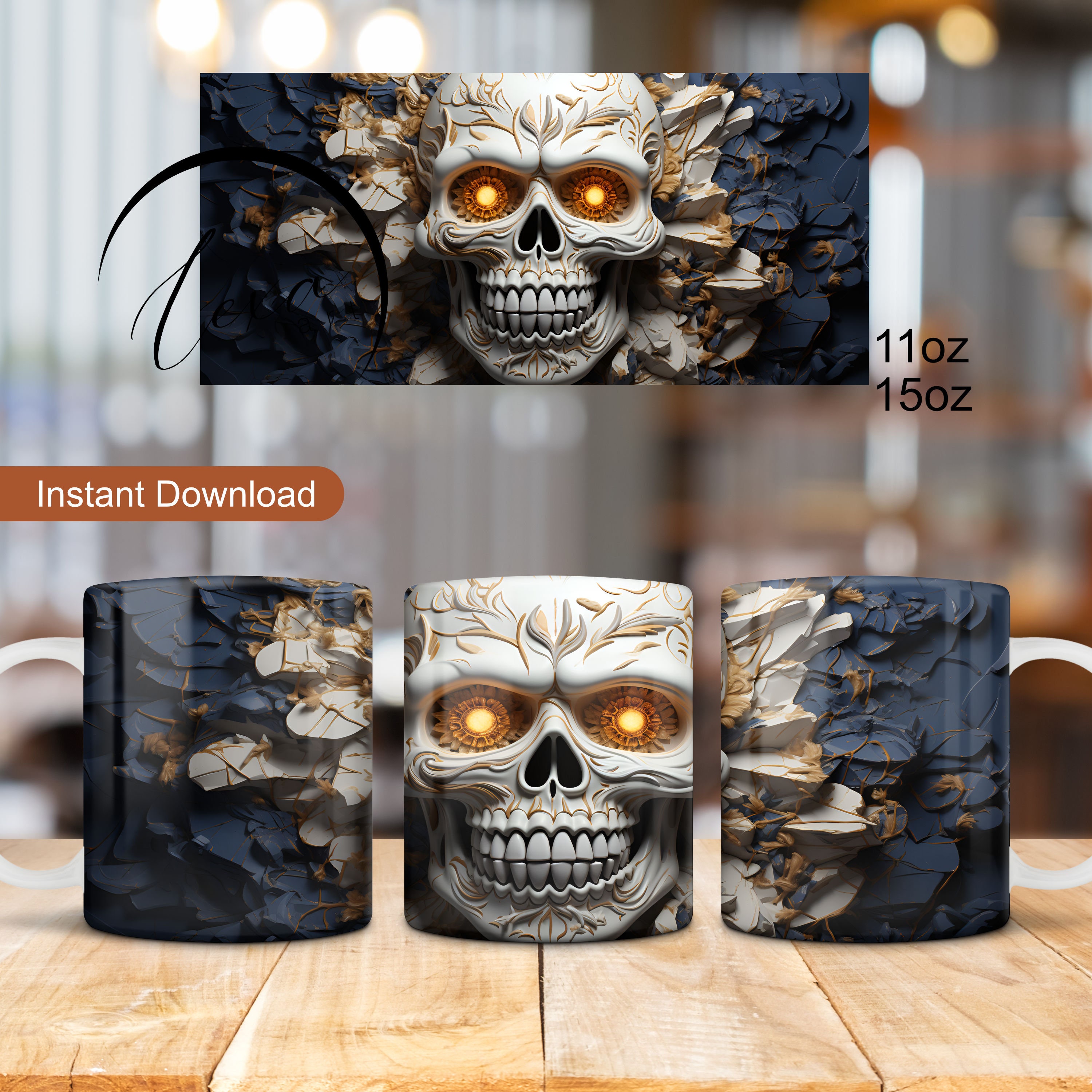 3D White Sugar Skull Mug Wrap, 3D Skull Mug Design, 11oz 15oz Mug Wrap ...
