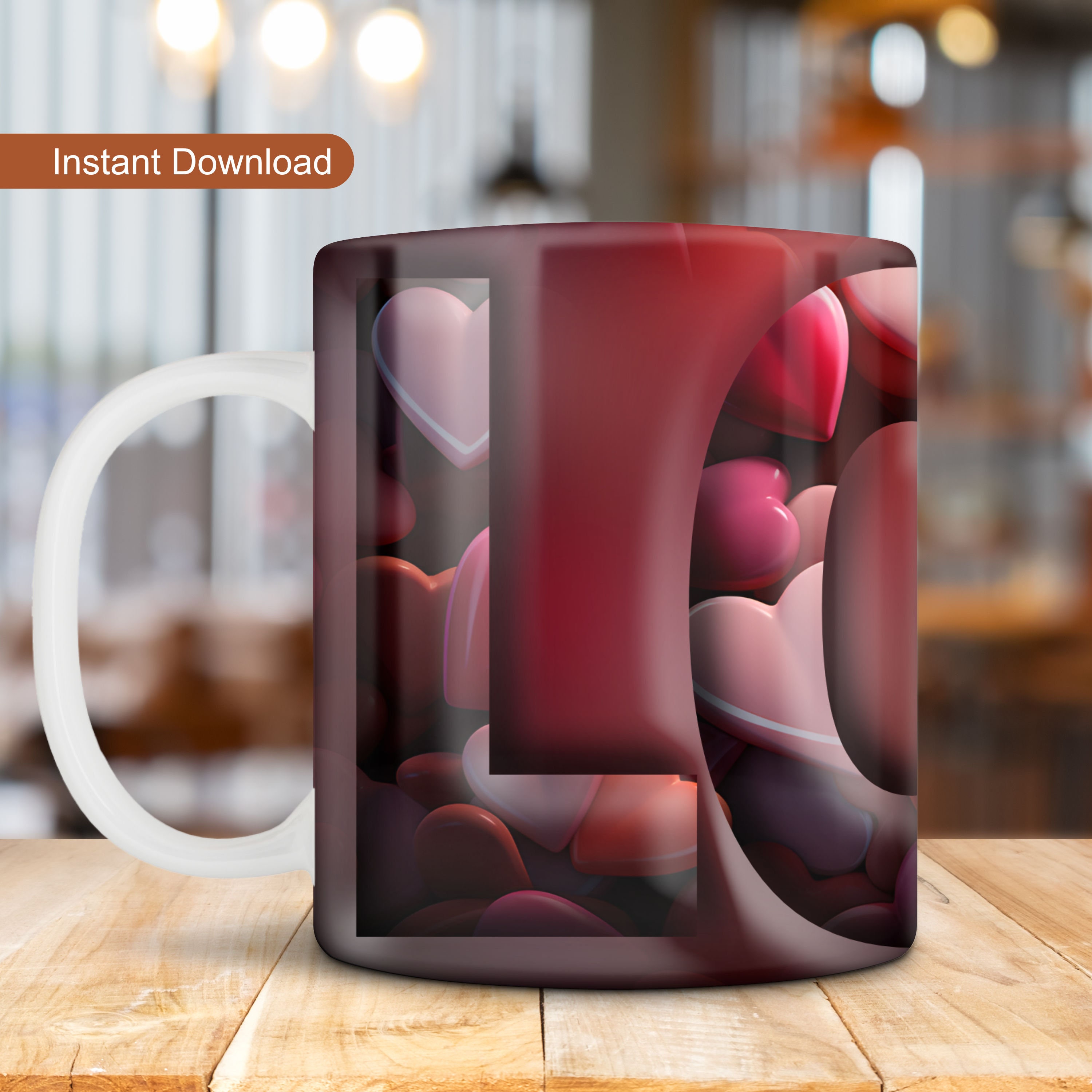 3D LOVE Hearts Mug Wrap, Red Pink Hearts Mug Design, 11oz 15oz Mug Wrap ...