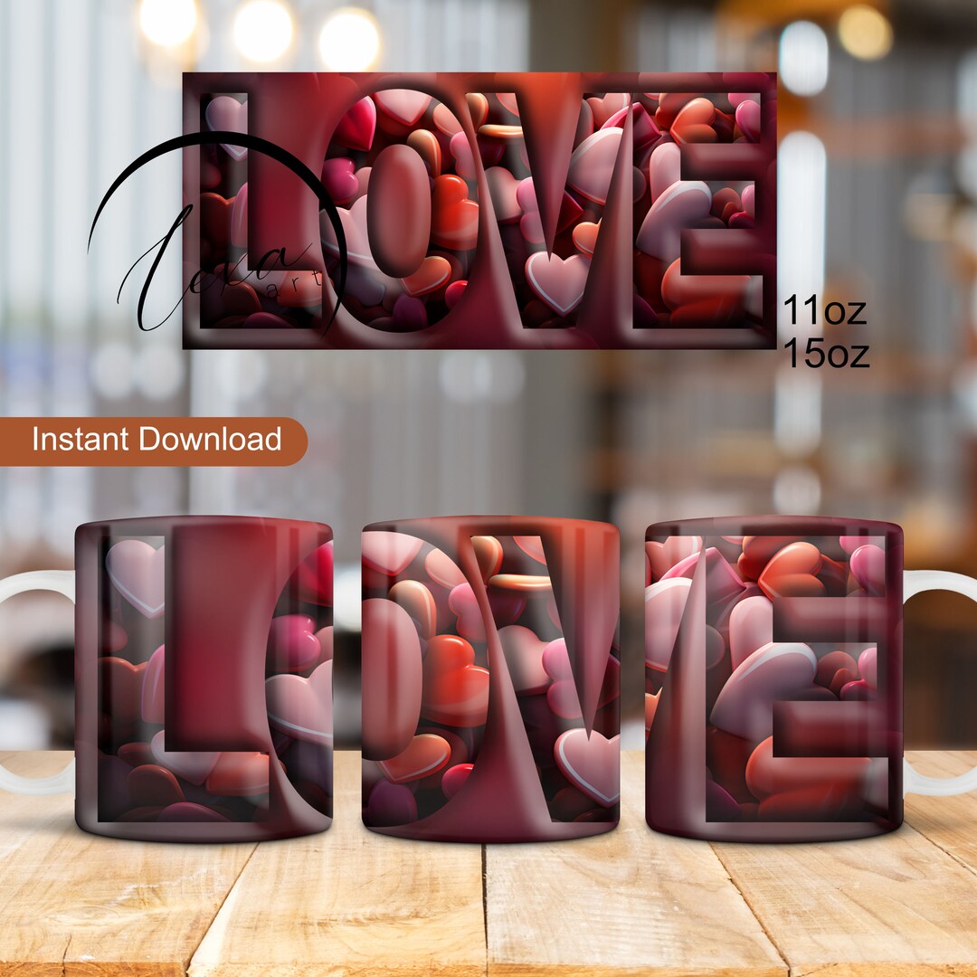 3D LOVE Hearts Mug Wrap, Red Pink Hearts Mug Design, 11oz 15oz Mug Wrap ...