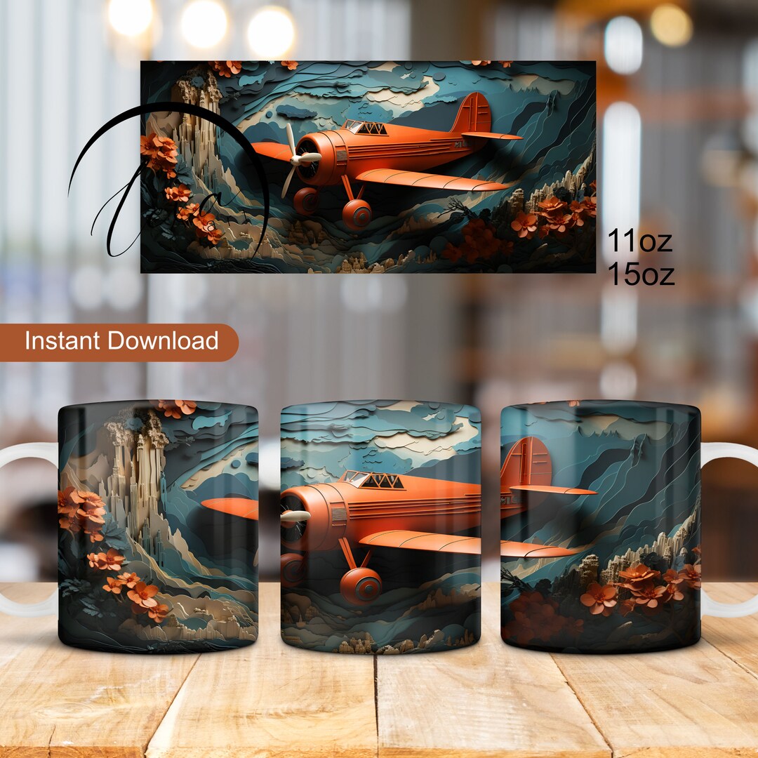3D Plane on the Wall Mug Wrap, 3D Mug Design for Pilot 11oz 15oz Mug ...