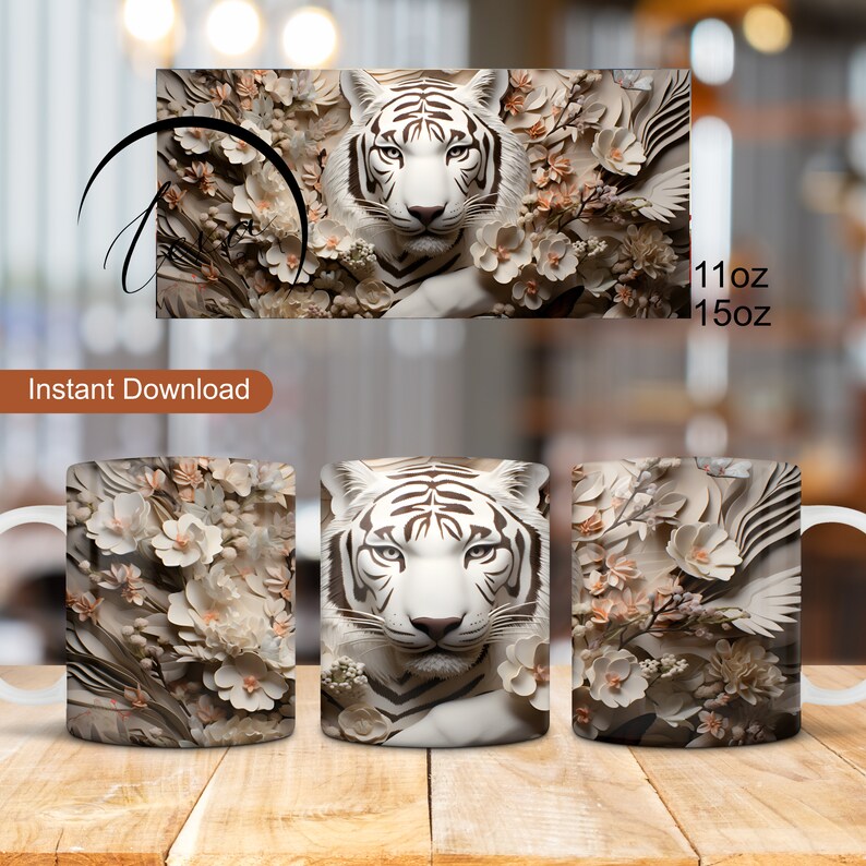 3D White Tiger Mug Wrap, 3D White Floral Tiger Mug Design, 11oz 15oz ...