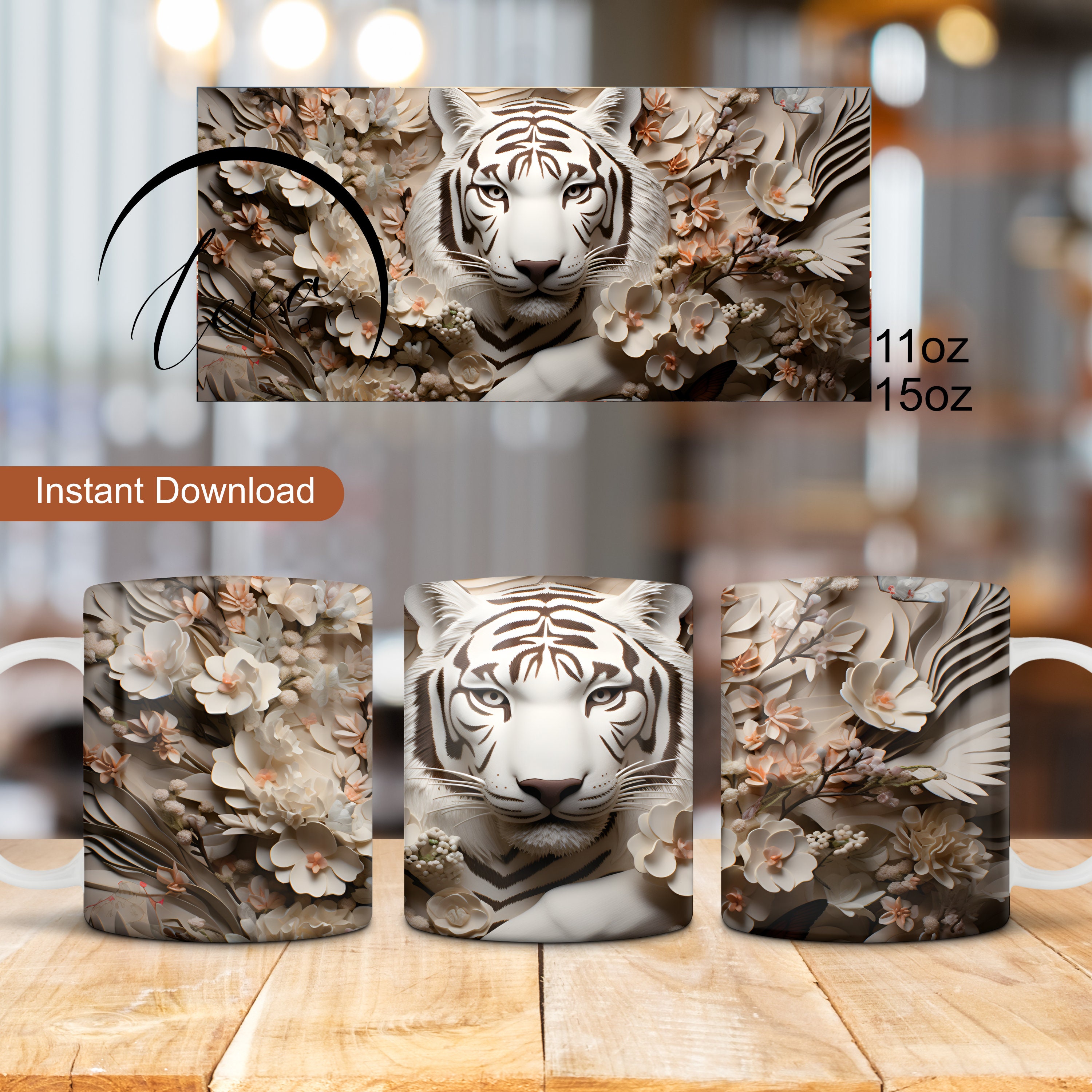3D White Tiger Mug Wrap, 3D White Floral Tiger Mug Design, 11oz 15oz ...
