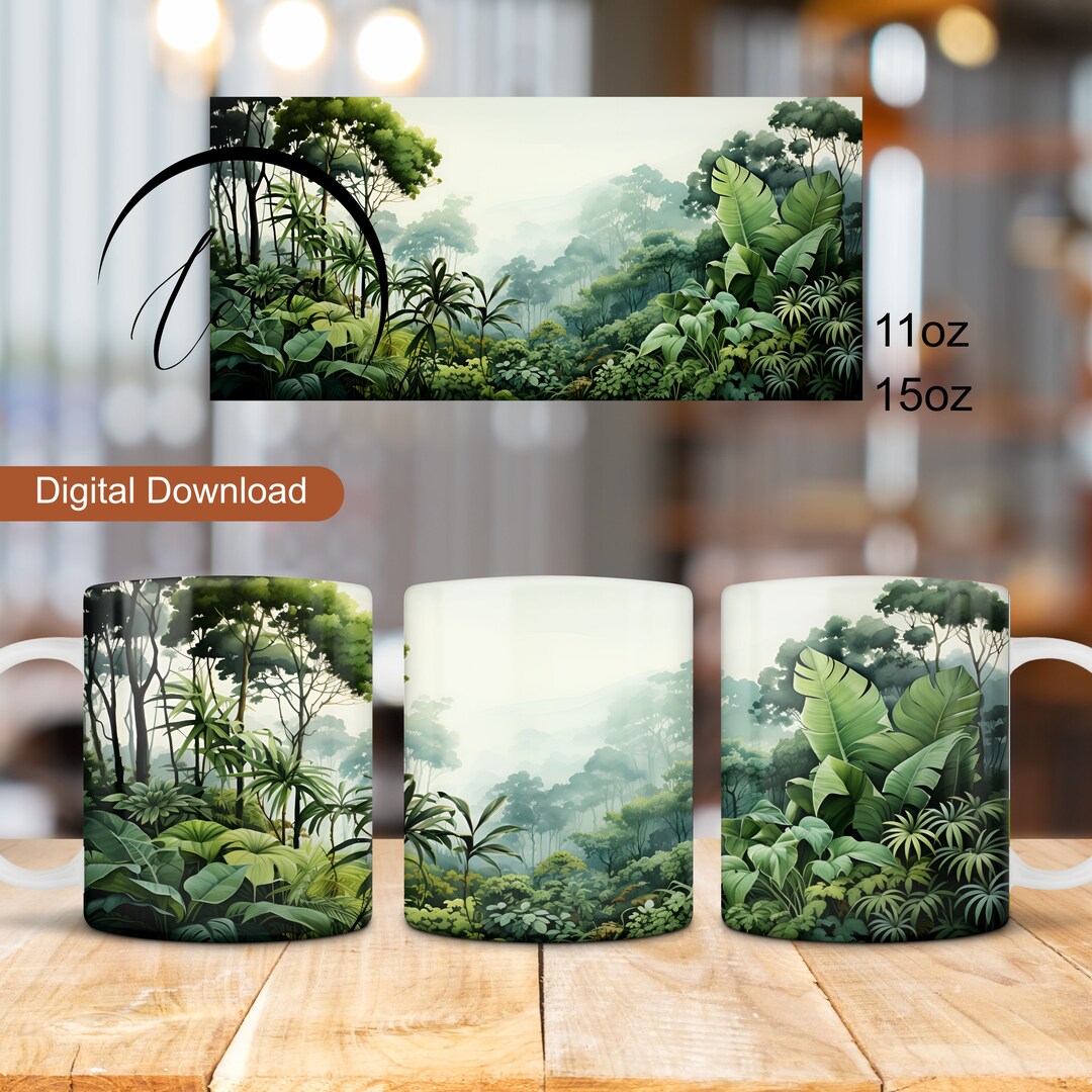 Green Tropical Landscape Mug Wrap, Plants Mug Design, 11oz 15oz Mug ...