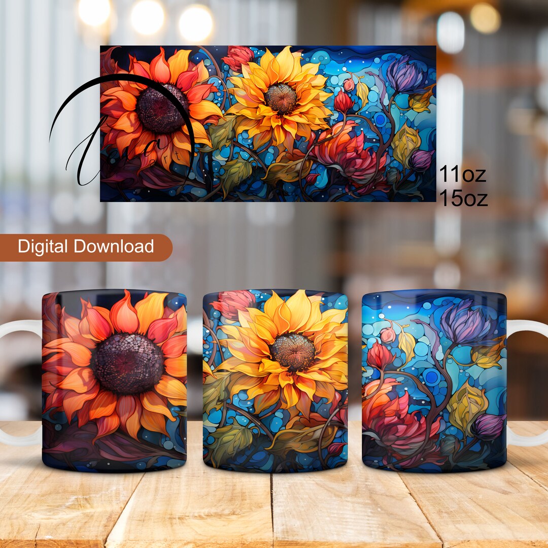 Sunflowers Alcohol Ink Mug Wrap, 3D Flowers Mug Design, 11oz 15oz Mug ...