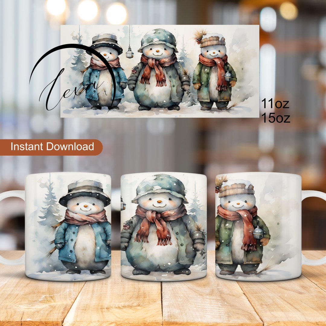 Vintage Christmas Snowmen Mug Wrap, Christmas Mug Design, 11oz Mug Wrap ...