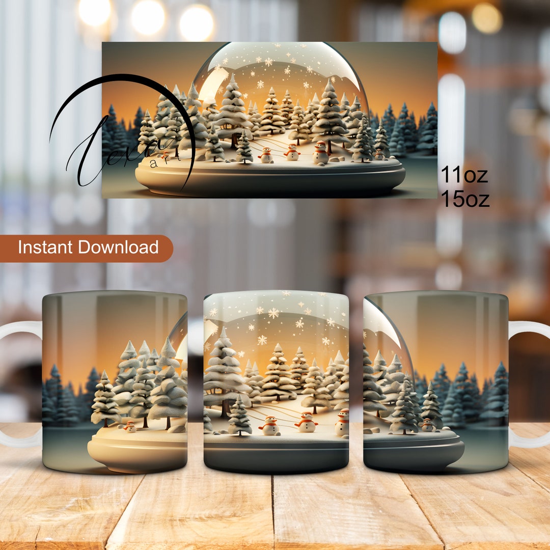 3D Snow Globes Mug Wrap, White Christmas Landscape Mug Design, 11oz Mug ...