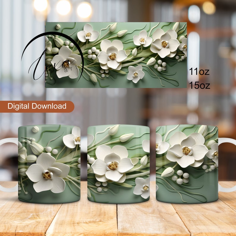 3D Soft Green Orchids Mug Wrap, 3D Flowers Mug Design, 11oz 15oz Mug ...