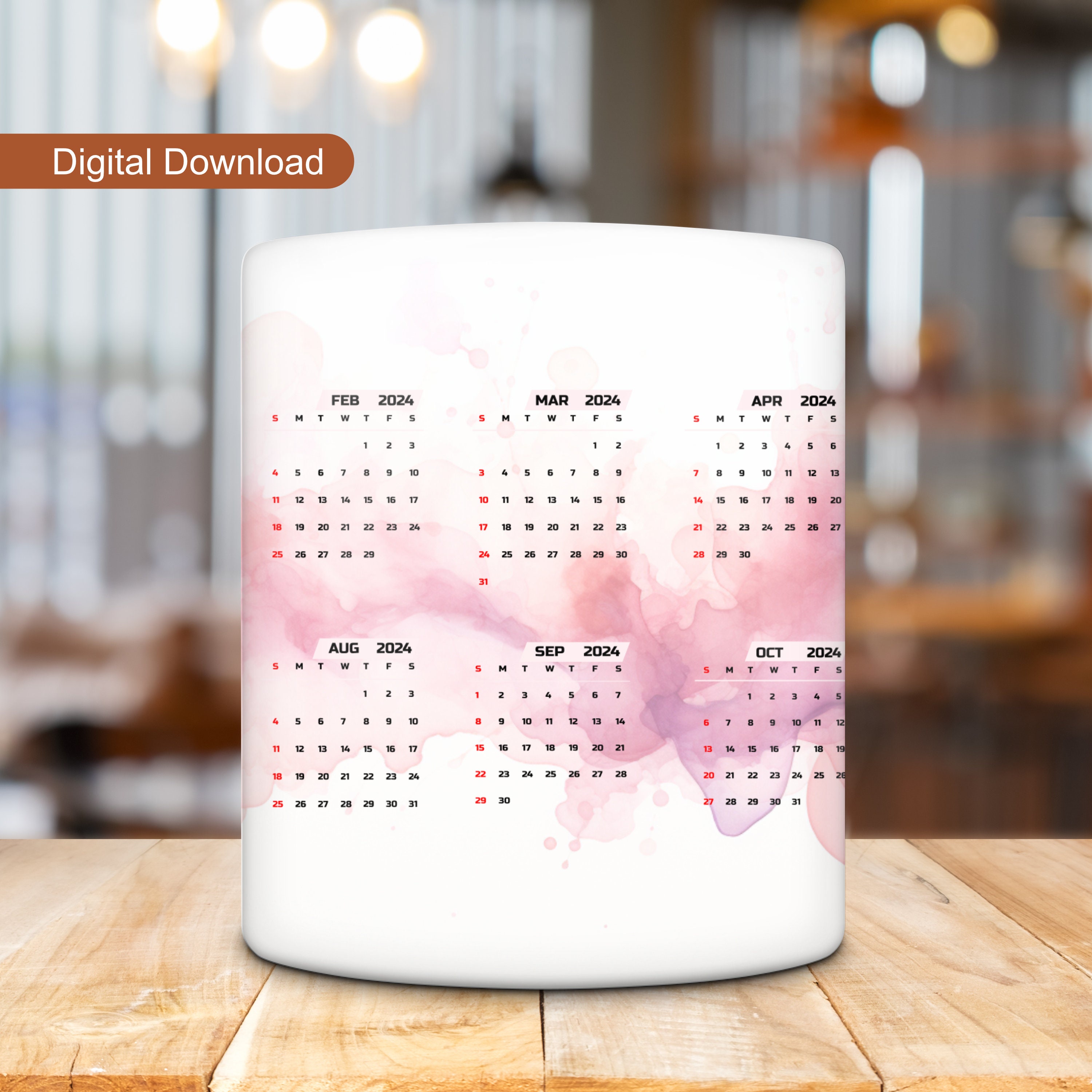 2024 Calendar Mug Wrap, Soft Pink 2024 Mug Design, 11oz 15oz Mug Wrap ...
