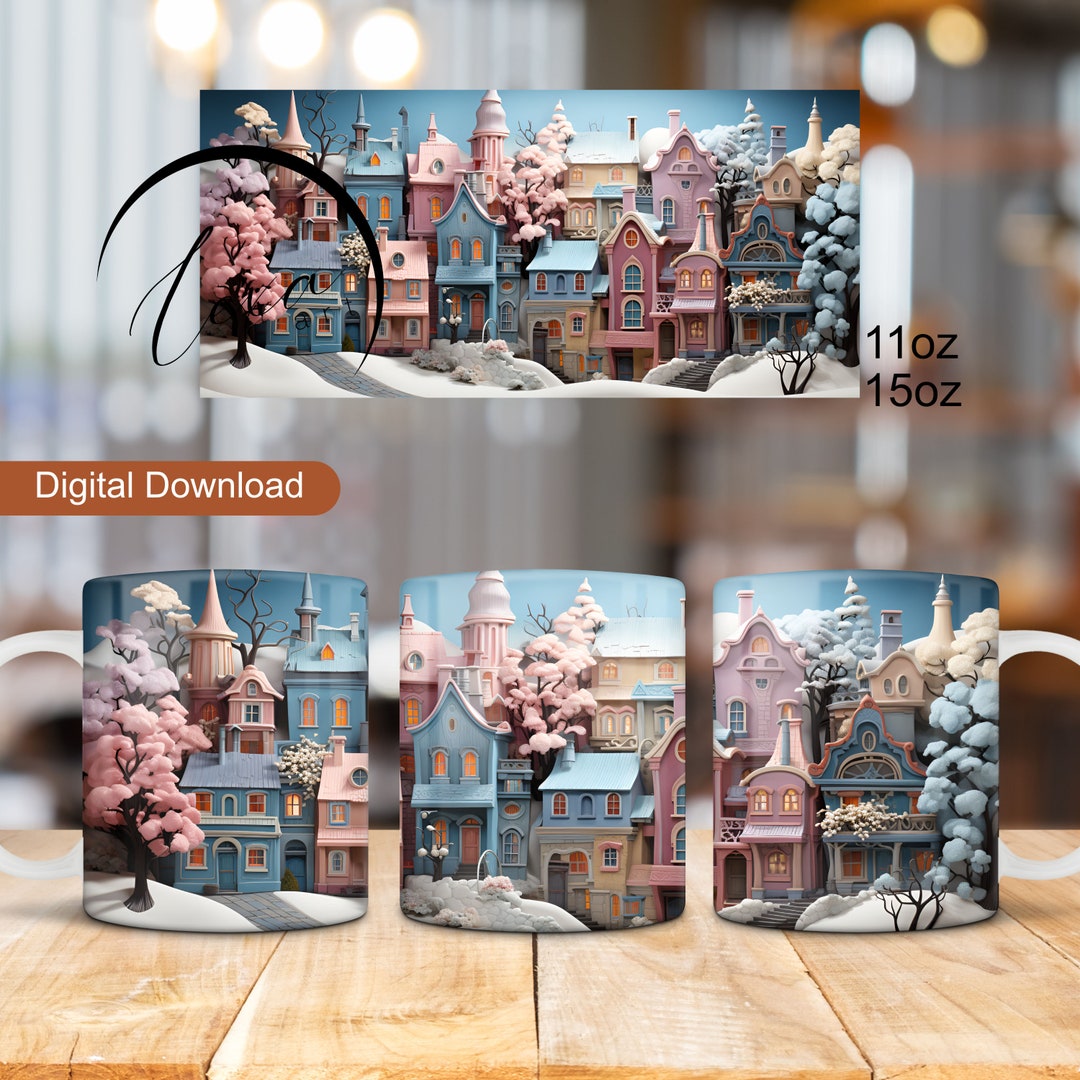 3D Pink Winter Village Mug Wrap, 3D Christmas Mug Design, 11oz Mug Wrap ...