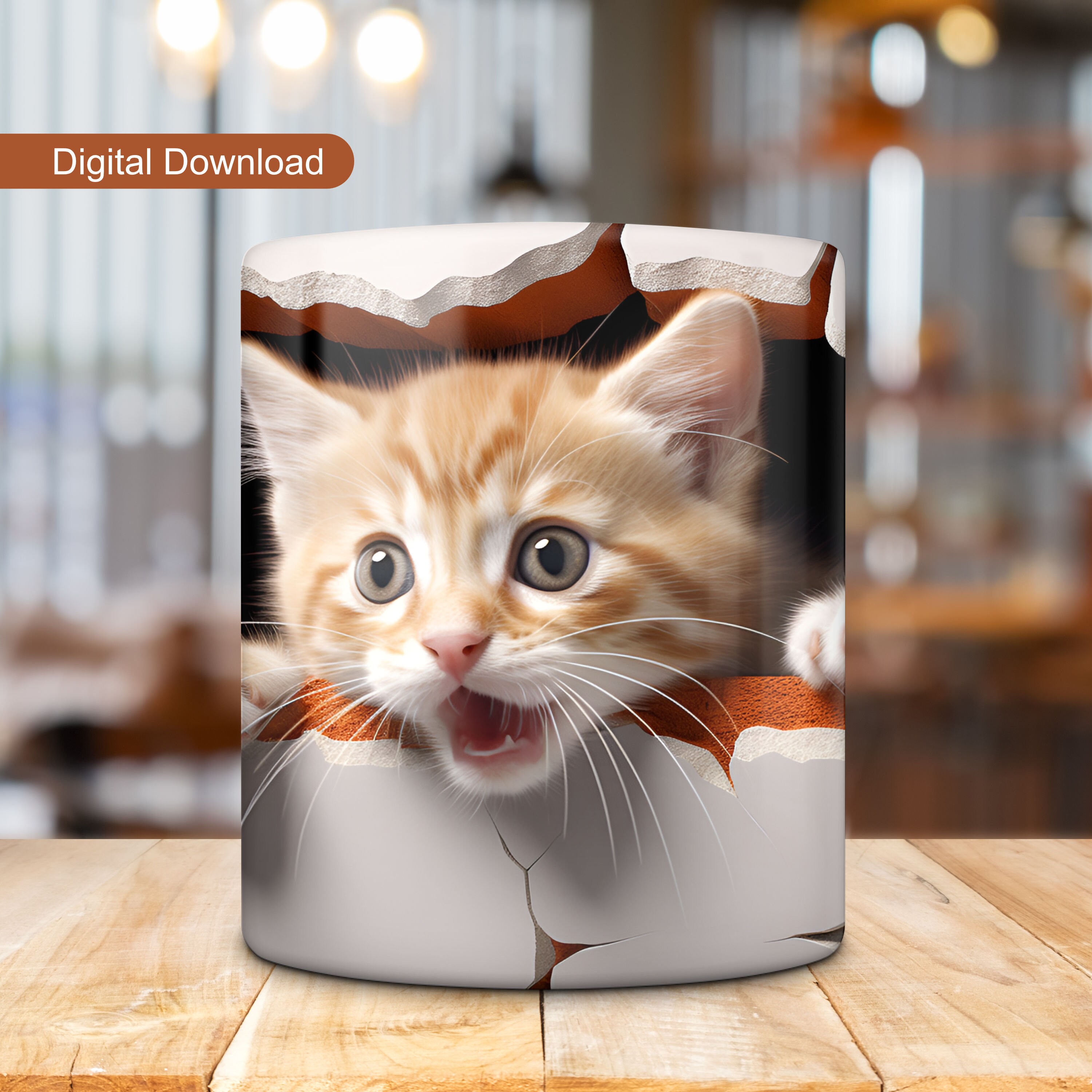 3D Hole in the Wall Kitten Mug Wrap, 3D Cat Mug Design, 11oz 15oz Mug ...