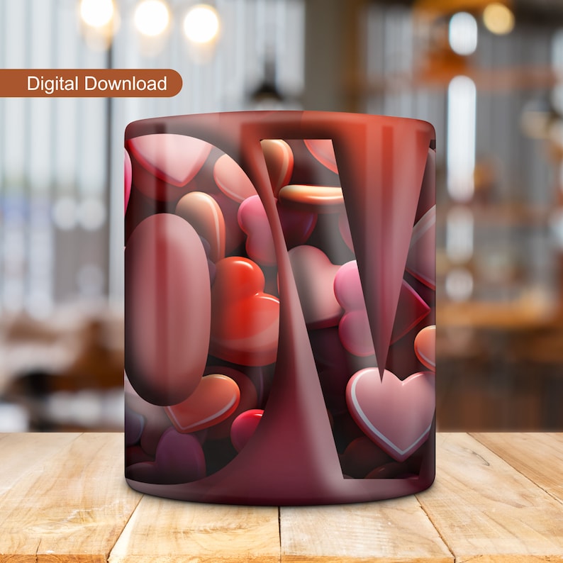 3D LOVE Hearts Mug Wrap, Red Pink Hearts Mug Design, 11oz 15oz Mug Wrap, 3D Hearts Mug ...
