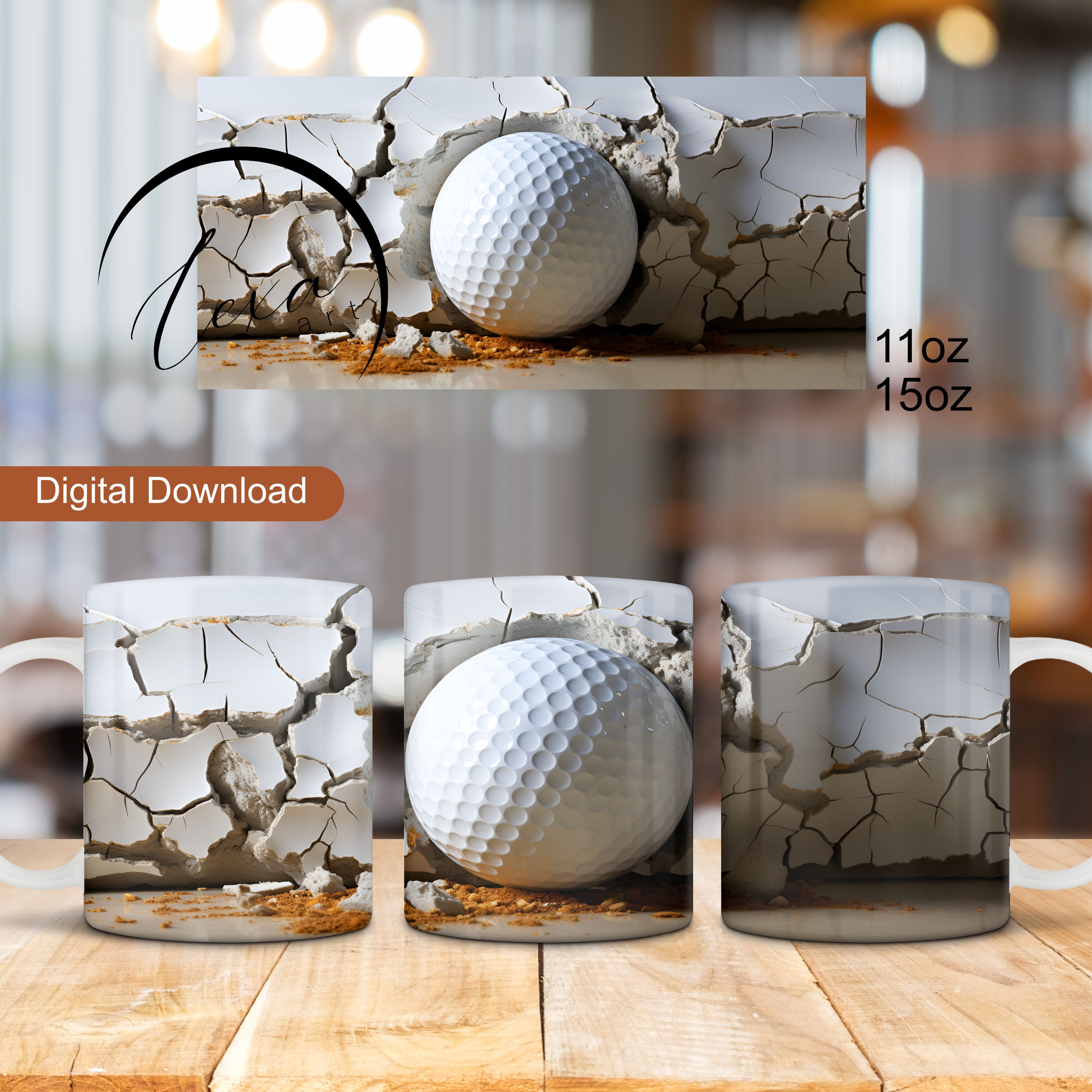3D Golf Ball Mug Wrap, 3D Cracked Wall Mug Design, 11oz 15oz Mug Wrap ...