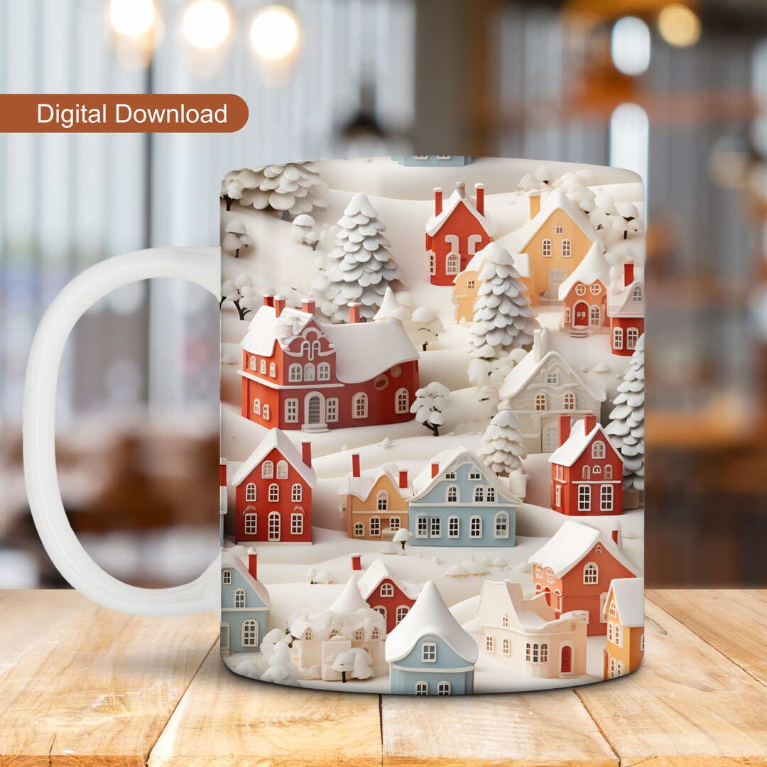 3D Red Christmas Village Mug Wrap, Christmas Mug Design, 11oz Mug Wrap ...