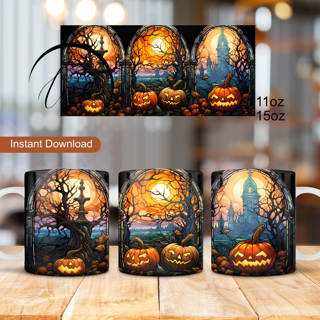 Stained Glass Fall Pumpkins Wrap, 3D Halloween Mug Design, 11oz 15oz ...