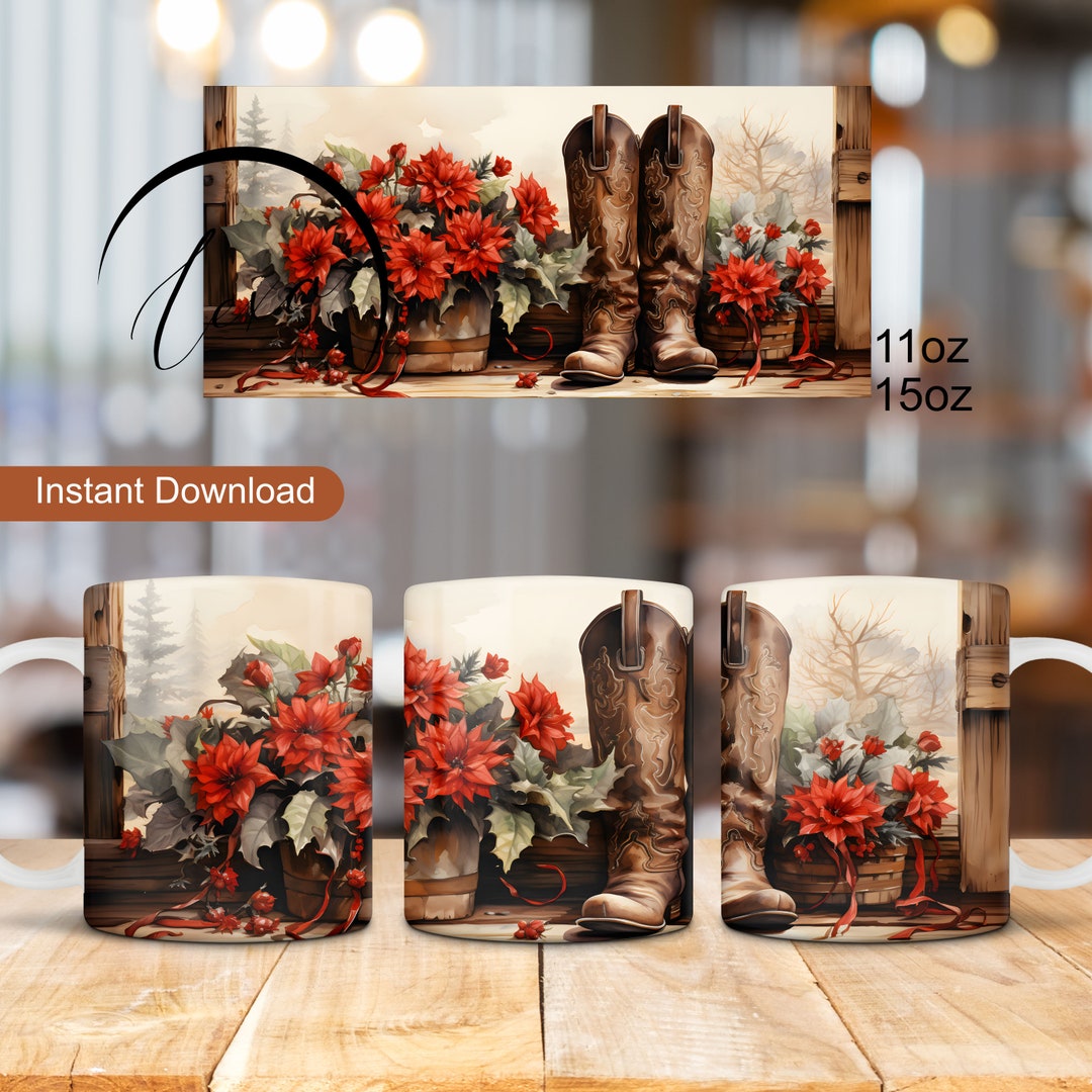 Christmas Poinsettias and Cowboy Boots Mug Wrap, Western Christmas Mug ...