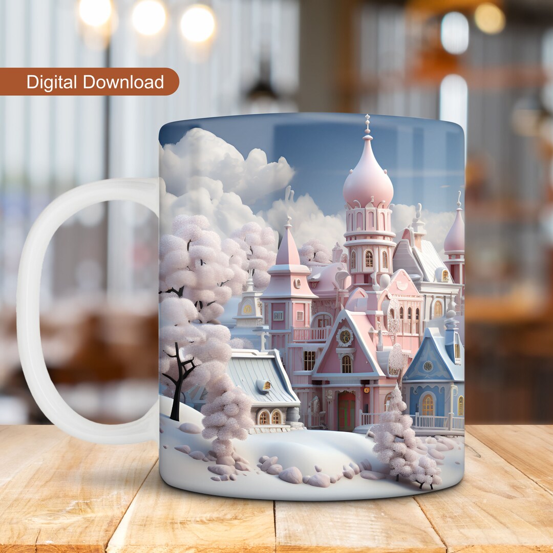 3D Pink Christmas Village Mug Wrap, 3D Christmas Mug Design, 11oz Mug ...