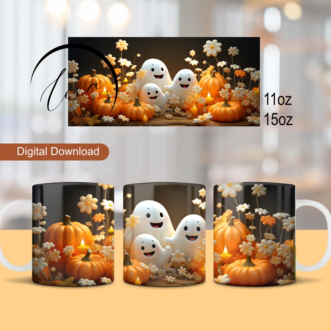 Cute Halloween Ghosts Mug Wrap, 3D Halloween Mug Design, 11oz 15oz Mug ...
