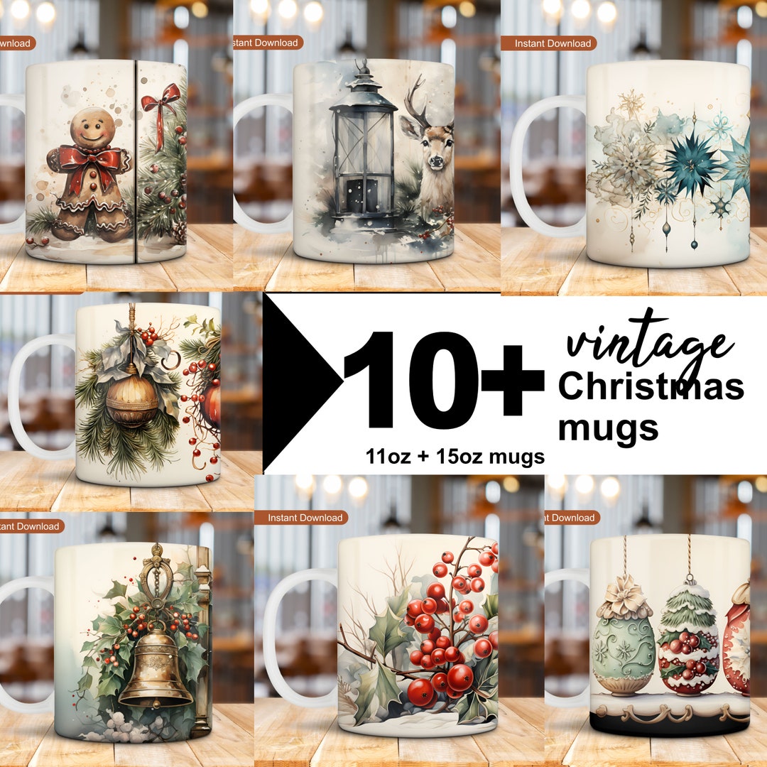 10 Vintage Christmas Mug Wrap BUNDLE, Retro Christmas Mug Wraps Set ...