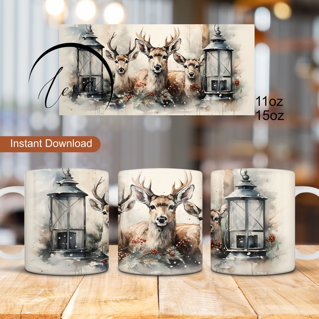 Vintage Christmas Reindeers Mug Wrap, Winter Mug Design, 11oz Mug Wrap ...