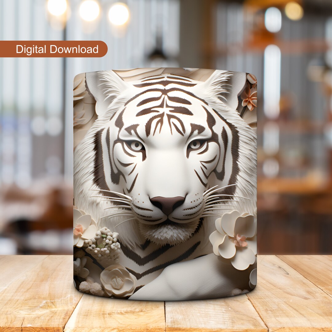 3D White Tiger Mug Wrap, 3D White Floral Tiger Mug Design, 11oz 15oz ...