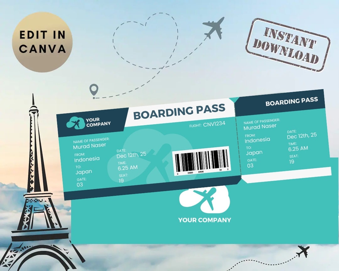 Canva Boarding Pass Editable Template Printable Flight Etsy