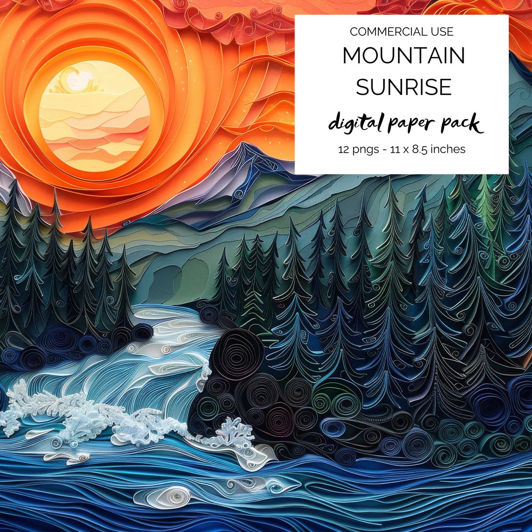 Mountain Sunrise Digital Papers. Paper Quilling. Clipart. River. Sunset ...