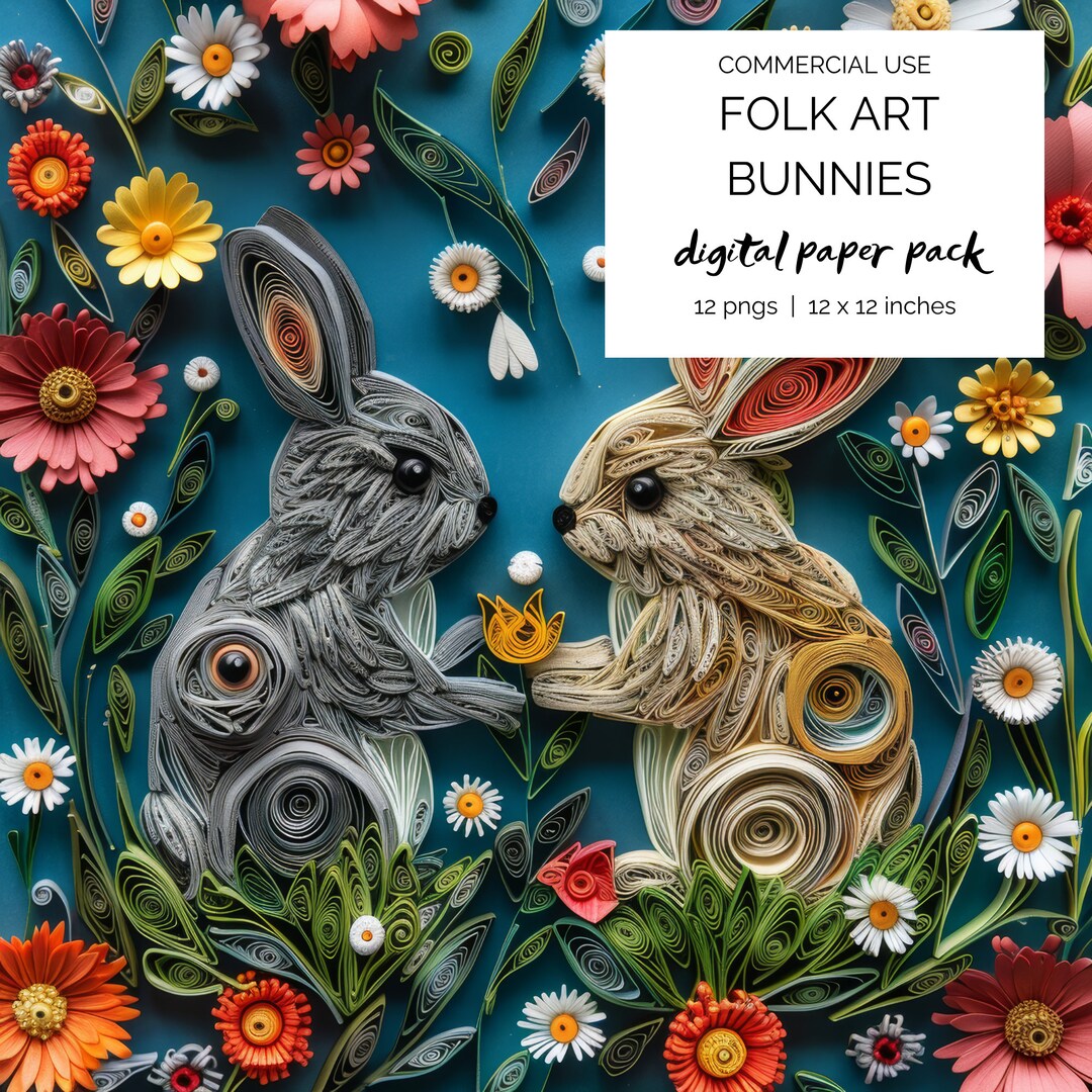 Folk Art Bunnies, Quirky Bunny, Flowers and Rabbits, Digital Paper ...