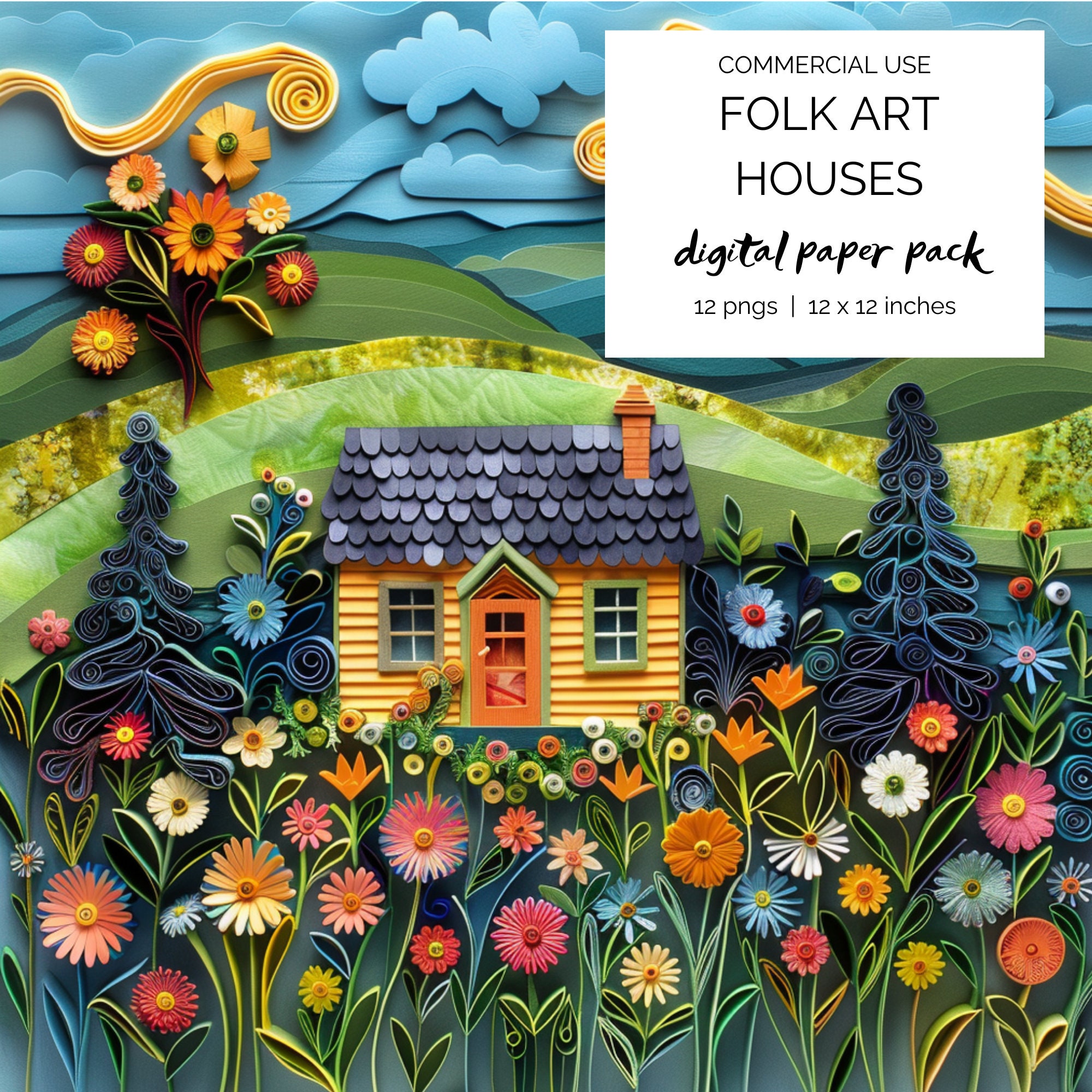Folk Art Houses Digital Papers, Colorful Houses, Paper Quilling ...