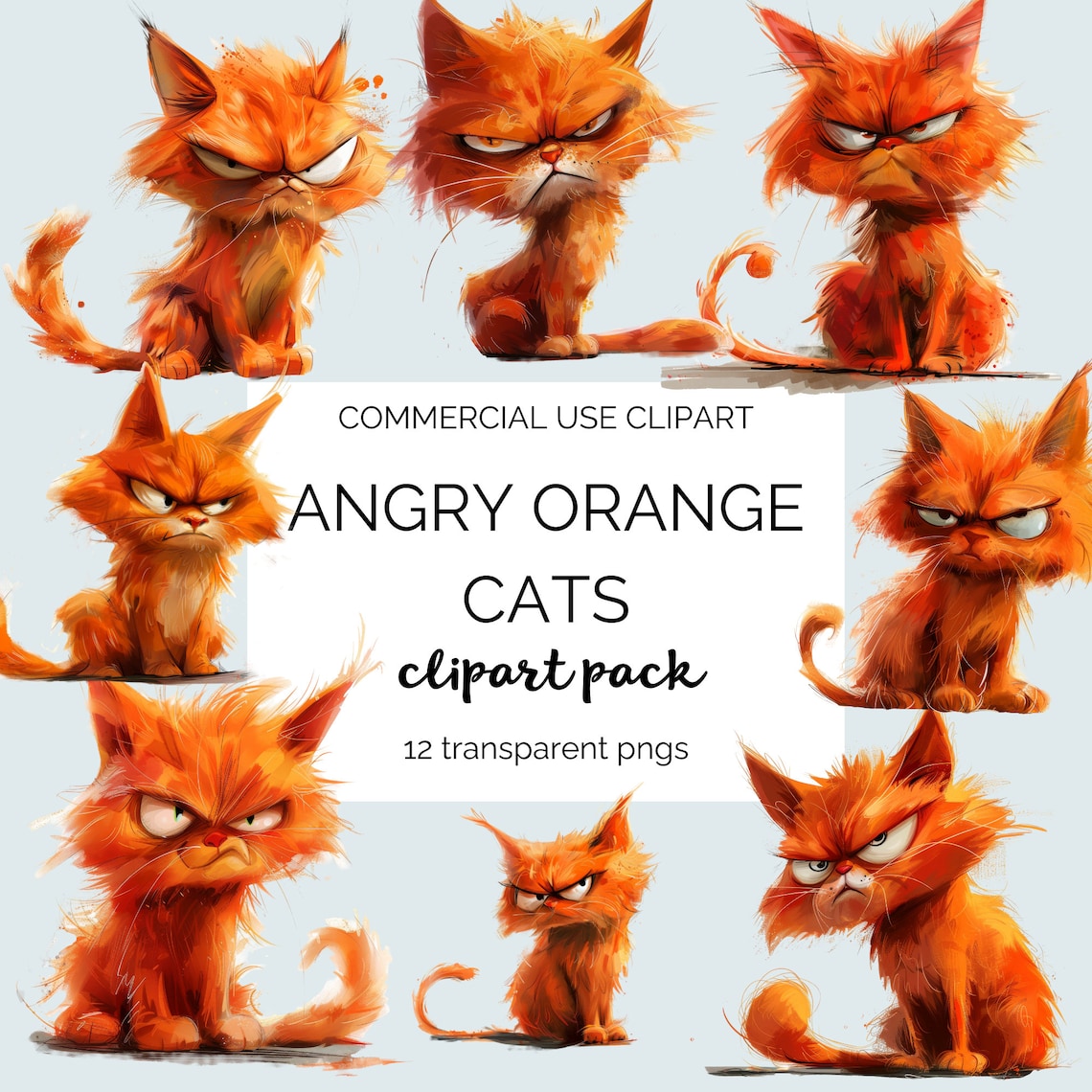 Angry Orange Cats Mad Feline Crazy Kitty Watercolor Transparent Chaotic ...